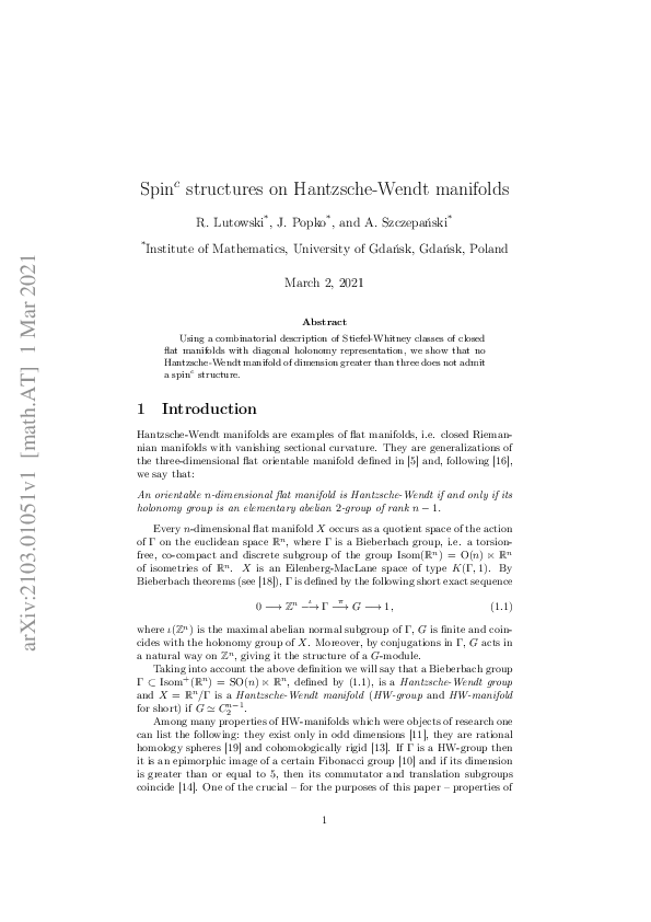 (PDF) Spin Structures on Hantzsche-Wendt Manifolds