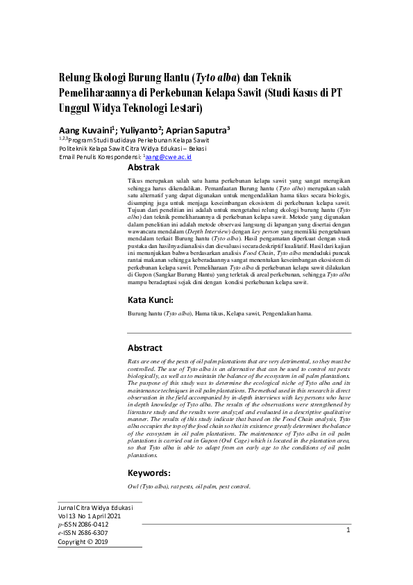 (PDF) Relung Ekologi Burung Hantu (Tyto alba) dan Teknik ...