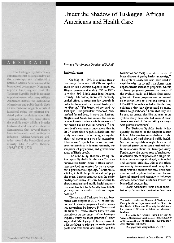 (PDF) Under the shadow of Tuskegee: African Americans and health care