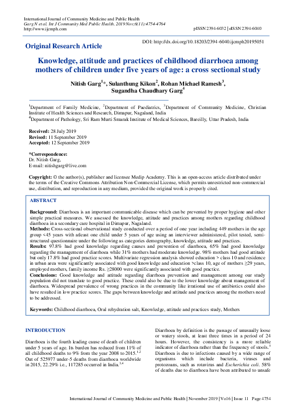 (PDF) Knowledge, attitude and practices of childhood diarrhoea among mothers of children under ...