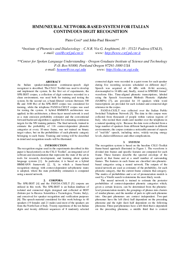 Pdf Hmmneural Network Based System For Italian Continuous Digit