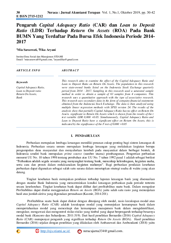 (PDF) Pengaruh Capital Adequacy Ratio (CAR) dan Loan to Deposit Ratio (LDR) Terhadap Return On ...