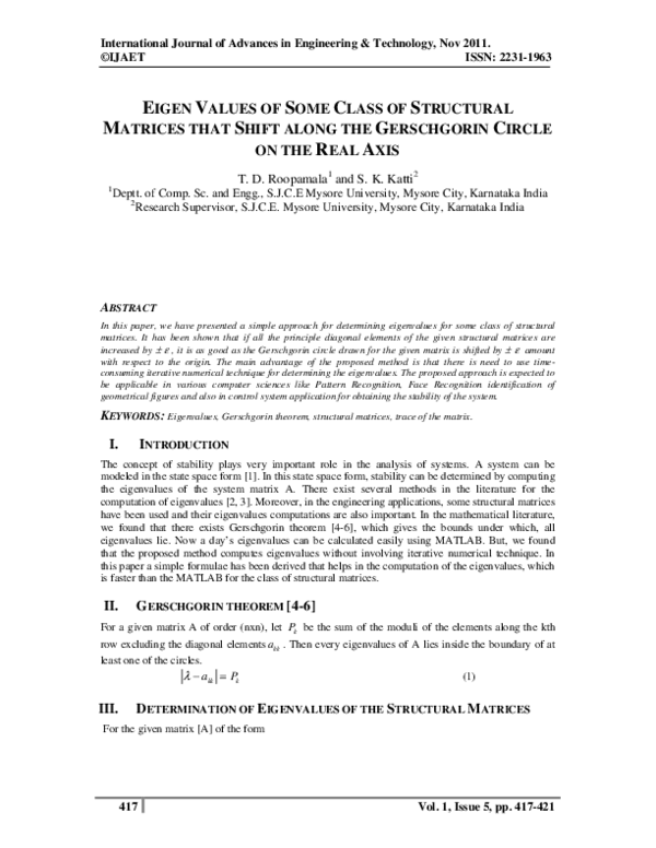 (PDF) Eigen Values of Some Class of Structural Matrices That Shift Along the Gerschgorin Circle ...