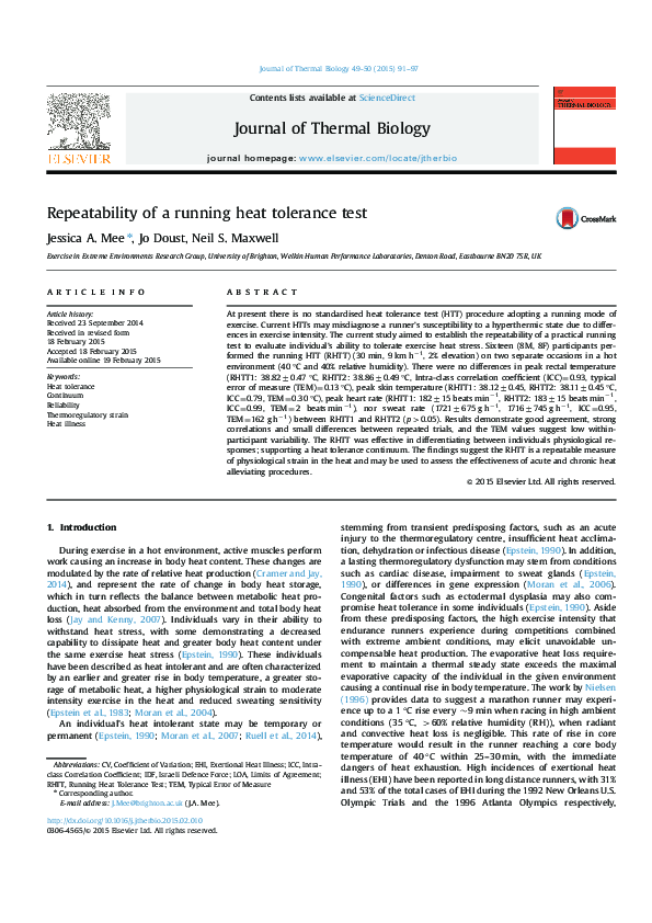 (PDF) Repeatability of a running heat tolerance test | Jessica Mee ...
