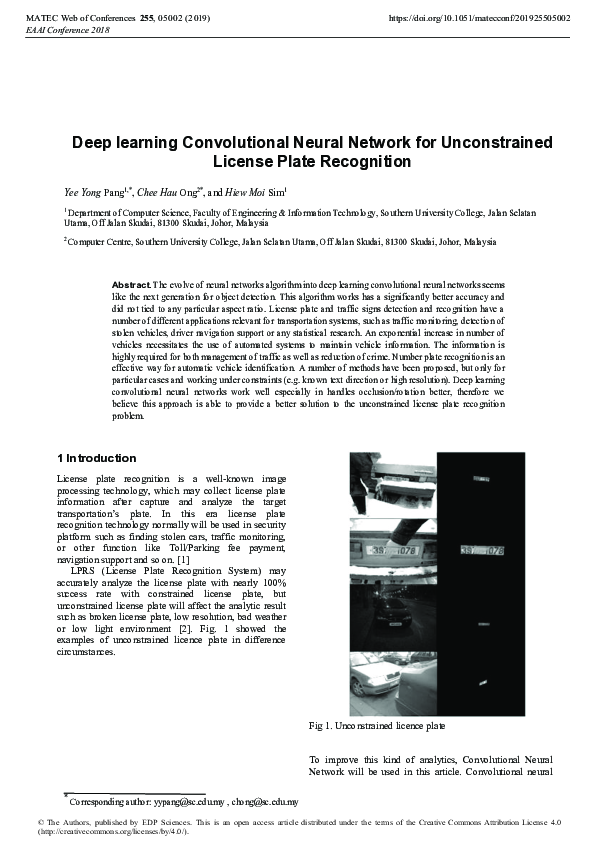 Pdf Deep Learning Convolutional Neural Network For Unconstrained License Plate Recognition