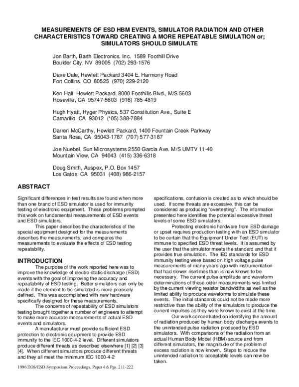 (PDF) Measurements of ESD HBM events, simulator radiation and other ...