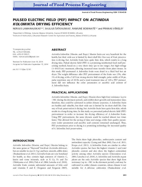 (PDF) Pulsed Electric Field (PEF) Impact on A ctinidia kolomikta Drying Efficiency
