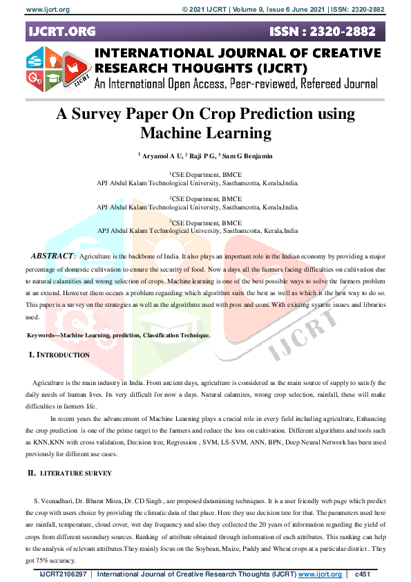 (PDF) A Survey Paper On Crop Prediction using Machine Learning