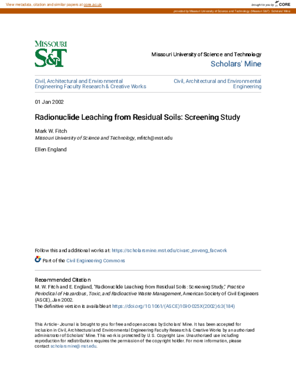 (PDF) Radionuclide Leaching from Residual Soils: Screening Study