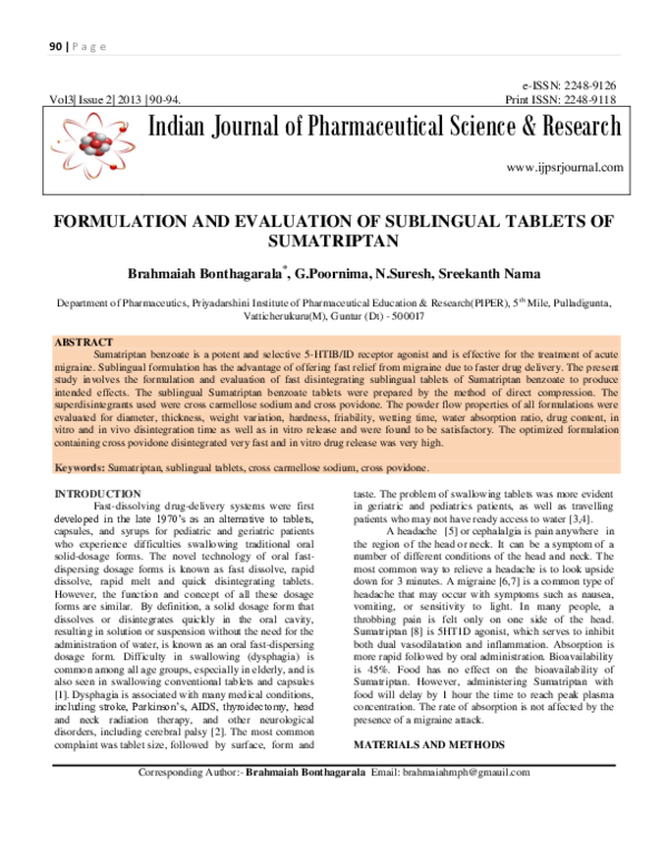 Pdf Formulation And Evaluation Of Sublingual Tablets Of Sumatriptan