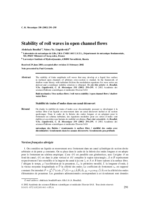 (PDF) Stability of roll waves in open channel flows | Valery Liapidevskii - Academia.edu