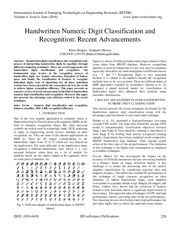 Pdf Handwritten Numeric Digit Classification And Recognition Recent Advancements Sampada