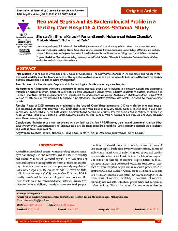 (PDF) Neonatal Sepsis and its Bacteriological Profile in a Tertiary ...