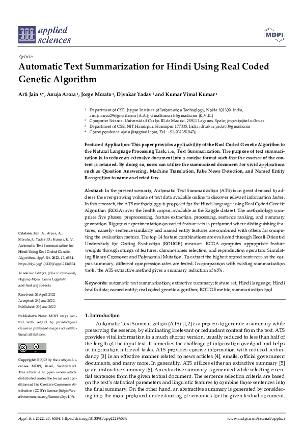 Pdf Automatic Text Summarization For Hindi Using Real Coded Genetic Algorithm