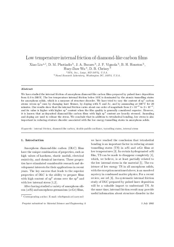 (PDF) Low temperature internal friction of diamond-like carbon films