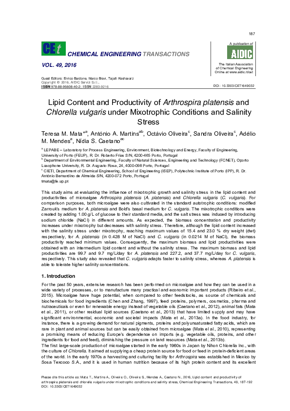 (PDF) Lipid Content and Productivity of Arthrospira platensis and Chlorella vulgaris under ...