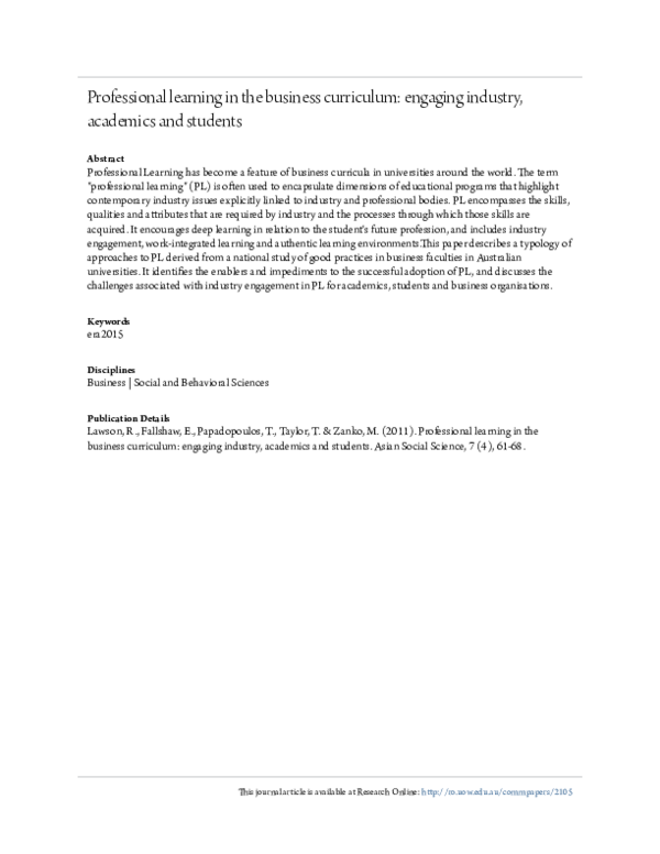 (PDF) Professional Learning in the Business Curriculum: Engaging ...