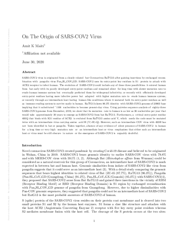(PDF) On The Origin of SARS-COV2 Virus