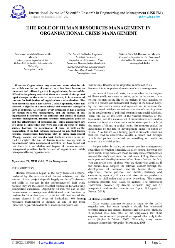 (PDF) THE ROLE OF HUMAN RESOURCES MANAGEMENT IN ORGANISATIONAL CRISIS MANAGEMENT
