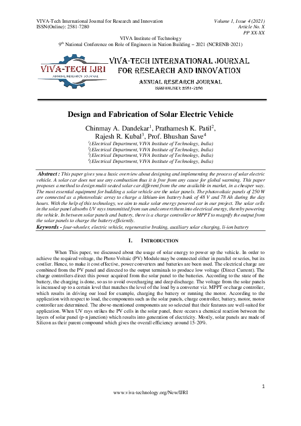 (PDF) Design and Fabrication of Solar Electric Vehicle