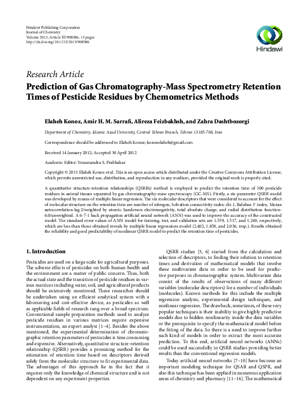 (PDF) Prediction of Gas Chromatography-Mass Spectrometry Retention Times of Pesticide Residues ...