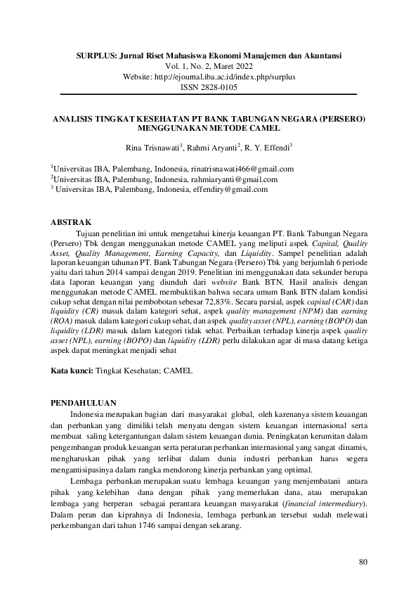 (PDF) Analisis Tingkat Kesehatan PT Bank Tabungan Negara (Persero) TBK Menggunakan Metode Camel