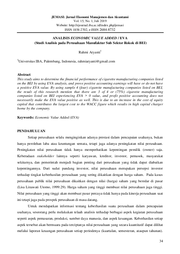 (PDF) ANALISIS ECONOMIC VALUE ADDED / EVA (Studi Analisis pada ...