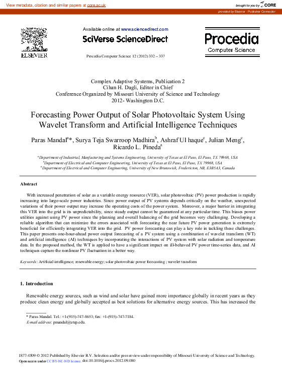 (PDF) Forecasting Power Output of Solar Photovoltaic System Using Wavelet Transform and ...