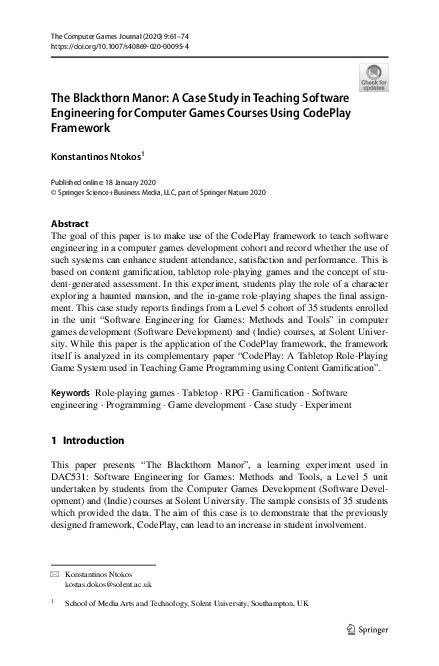 (PDF) The Blackthorn Manor: A Case Study in Teaching Software Engineering for Computer Games ...