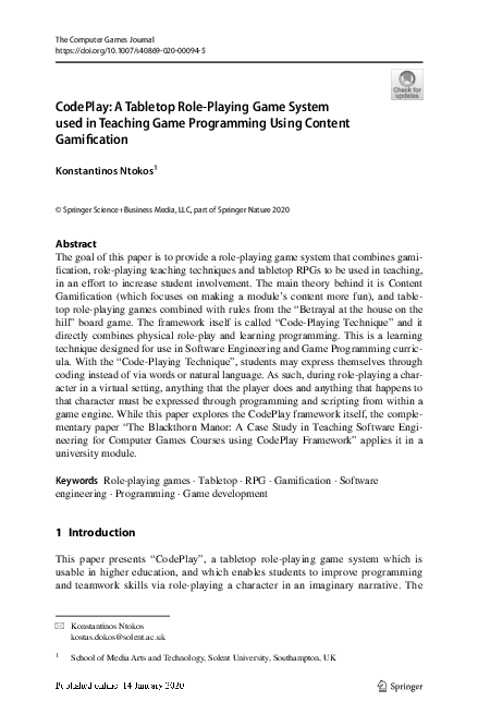 Codeplay A Tabletop Role Playing Game System Used In Teaching Game Programming Using Content