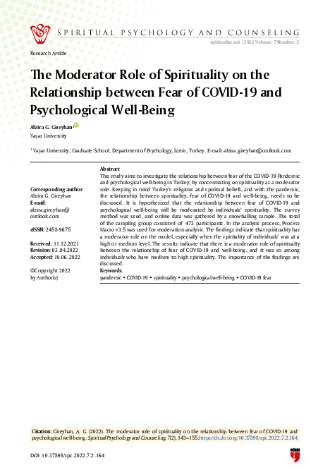(PDF) The Moderator Role of Spirituality on the Relationship between Fear of COVID-19 and ...