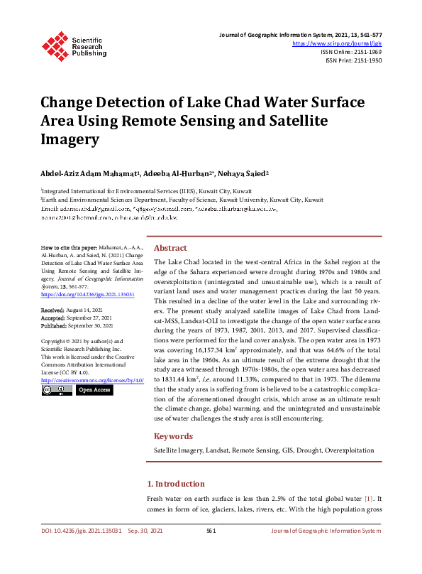(PDF) Change Detection of Lake Chad Water Surface Area Using Remote Sensing and Satellite Imagery