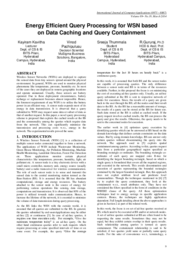 (PDF) Energy Efficient Query Processing for WSN based on Data Caching and Query Containment