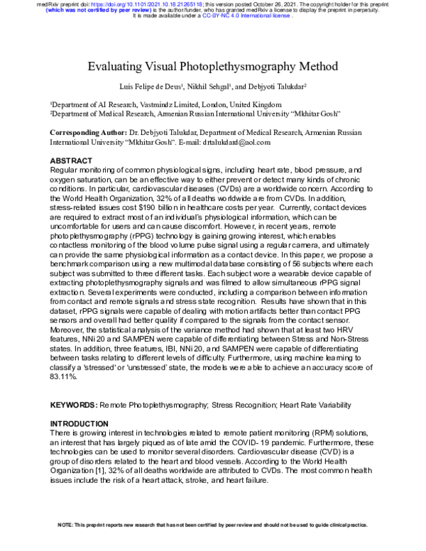 (PDF) Evaluating Visual Photoplethysmography Method