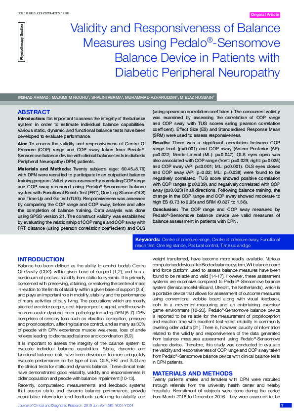 (PDF) Validity and Responsiveness of Balance Measures using Pedalo®-Sensomove Balance Device in ...