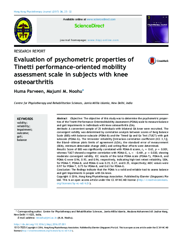 (PDF) Evaluation of psychometric properties of Tinetti performance ...