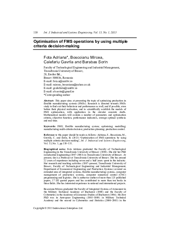 (PDF) Optimisation of FMS operations by using multiple criteria ...