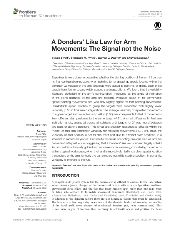 (PDF) A Donders' Like Law for Arm Movements: The Signal not the Noise