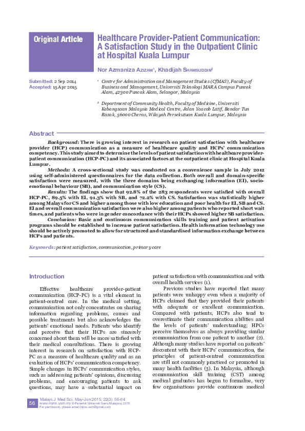 (PDF) Healthcare Provider-Patient Communication: A Satisfaction Study in the Outpatient Clinic ...
