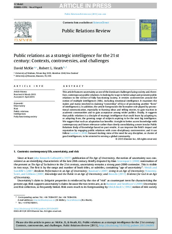 (PDF) Public relations as a strategic intelligence for the 21st century ...