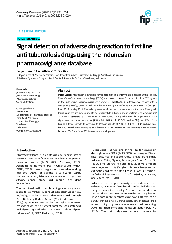 (PDF) Signal detection of adverse drug reaction to first line anti tuberculosis drugs using the ...