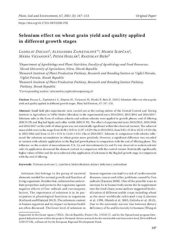 (PDF) Selenium effect on wheat grain yield and quality applied in different growth stages