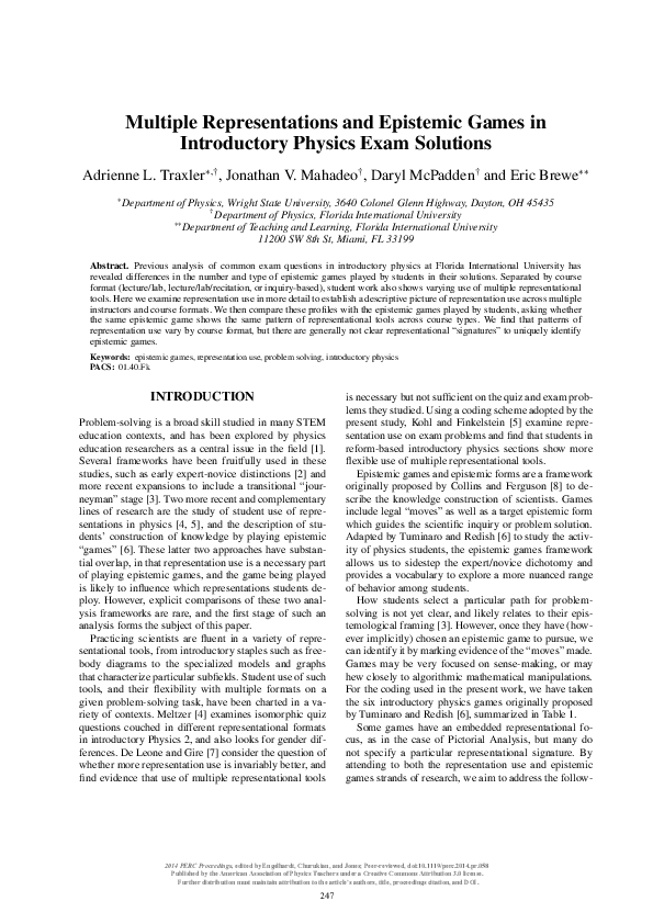 (PDF) Multiple Representations and Epistemic Games in Introductory Physics Exam Solutions