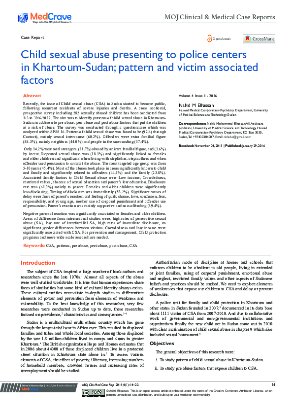 (PDF) Child Sexual Abuse Presenting to Police Centers in Khartoum-Sudan; Pattern and Victim ...
