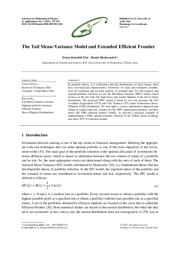 (PDF) The Tail Mean-Variance Model and Extended Efficient Frontier