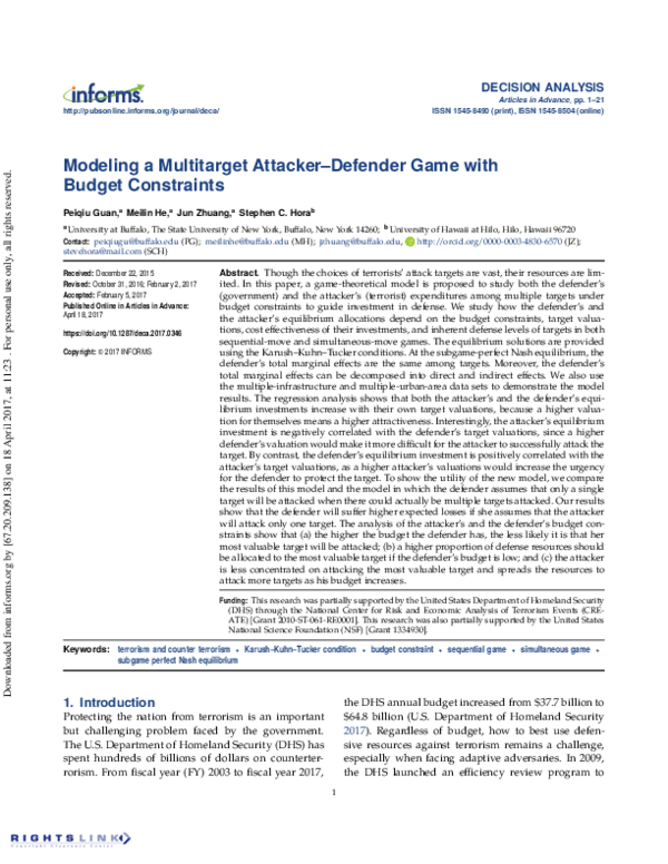(PDF) Modeling a Multitarget Attacker–Defender Game with Budget Constraints