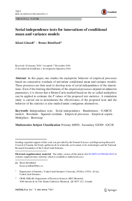 (PDF) Serial independence tests for innovations of conditional mean and ...