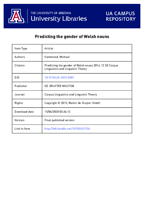 (PDF) Predicting the gender of Welsh nouns
