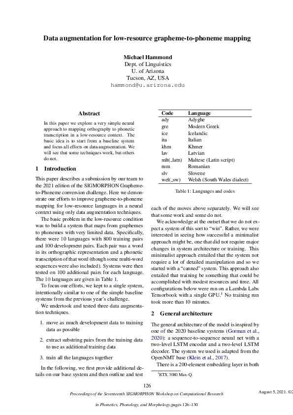 (PDF) Data augmentation for low-resource grapheme-to-phoneme mapping