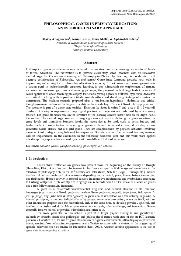 (PDF) PHILOSOPHICAL GAMES IN PRIMARY EDUCATION: AN INTERDISCIPLINARY APPROACH